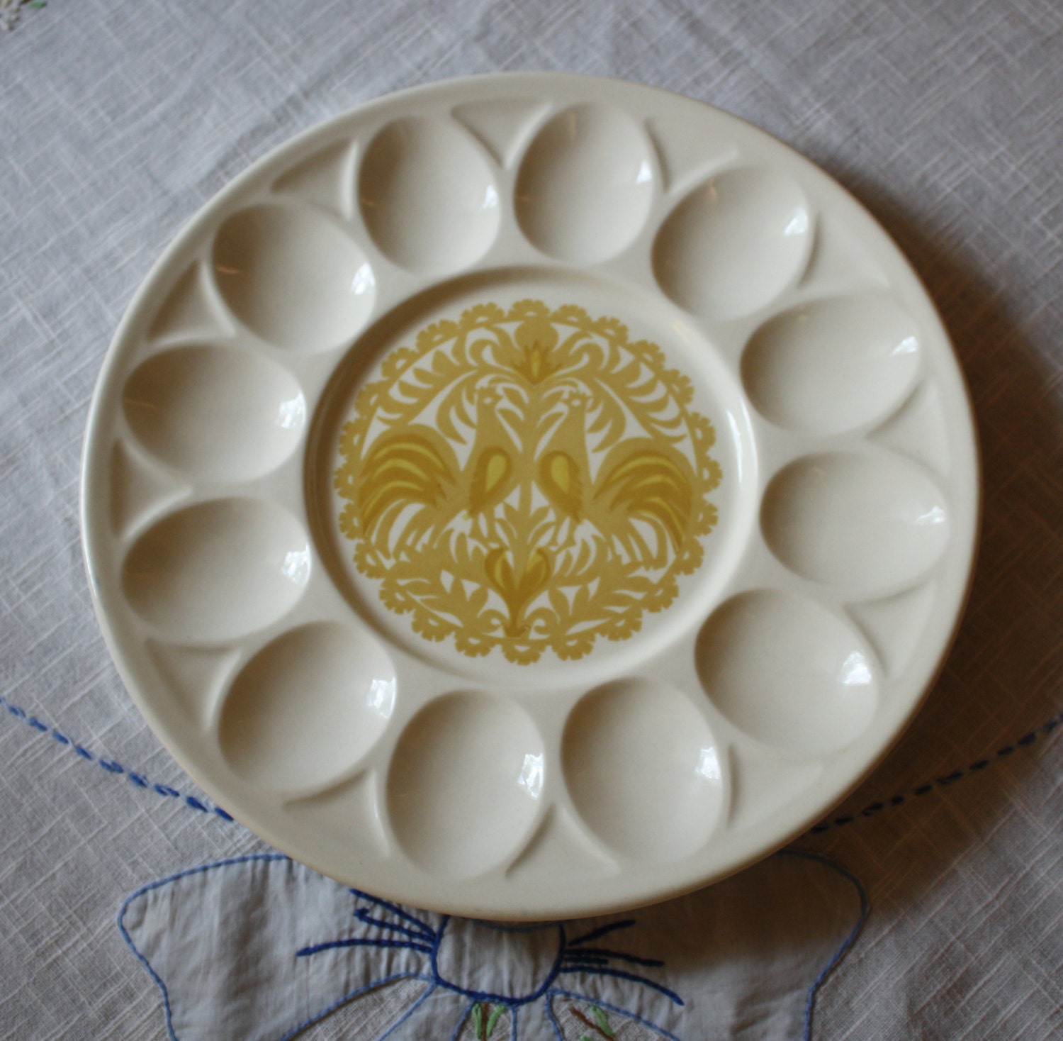Vintage Deviled Egg Dish Platter Cream Color Golden Chickens Mod ...