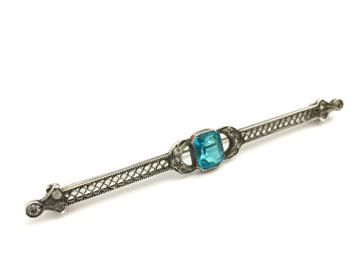 Art Deco Sterling Silver Bar Brooch Emerald Cut Blue Center