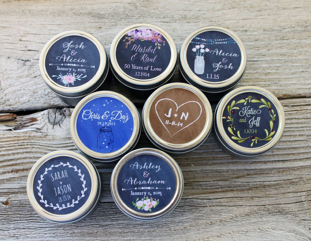 Set Of 25 Wedding Candle Favor 2oz Tins With Custom Label