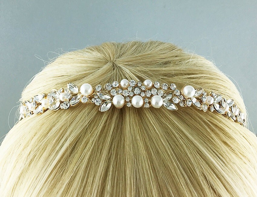 Gold Rhinestone Crystal Pearl Bridal Headband Headpiece Gold