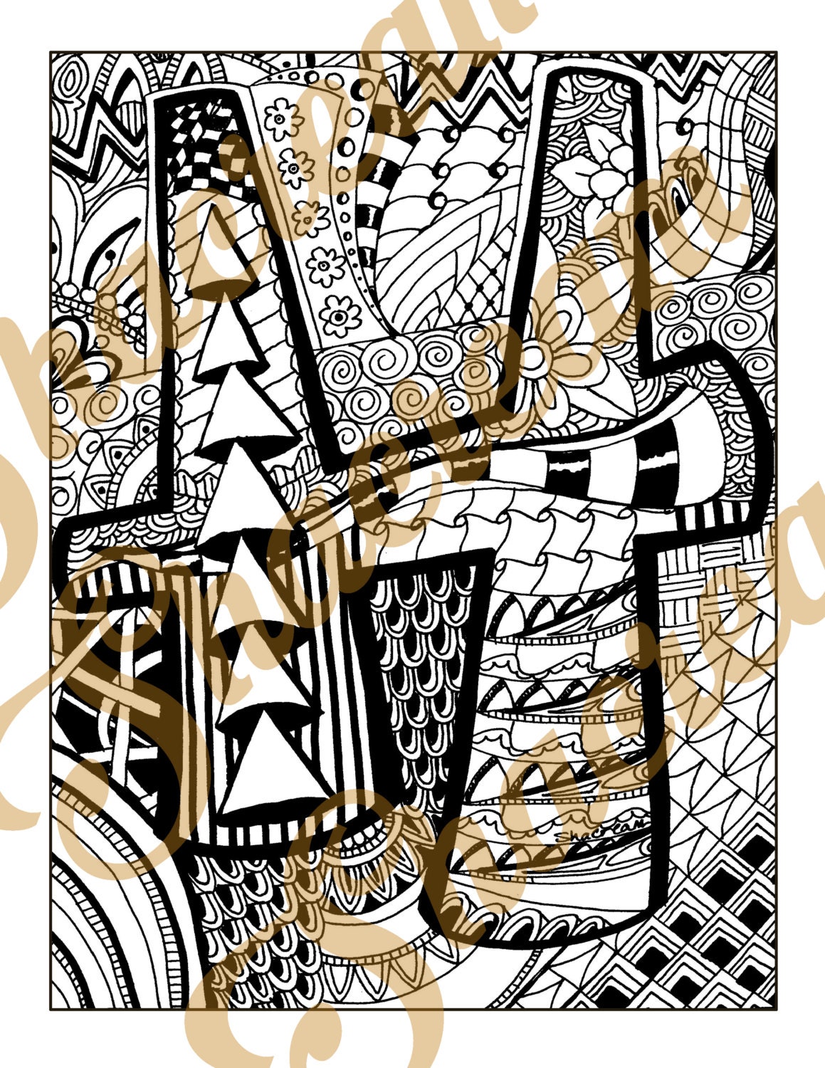 Letter H Zentangle Adult Coloring Zen art by ShacreamCreative