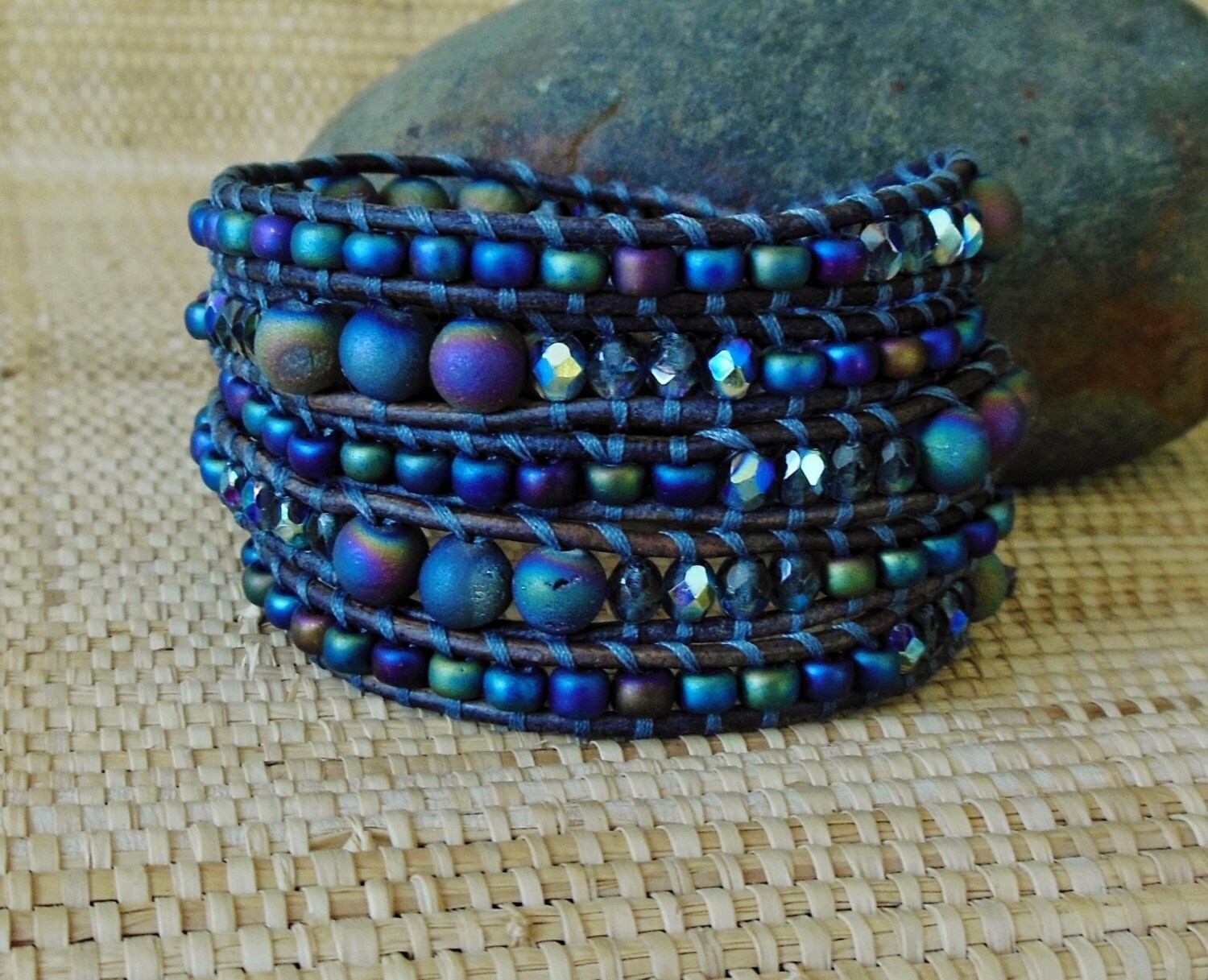 Beaded Leather Wrap Bracelet Peacock By Devaoriginalbracelet
