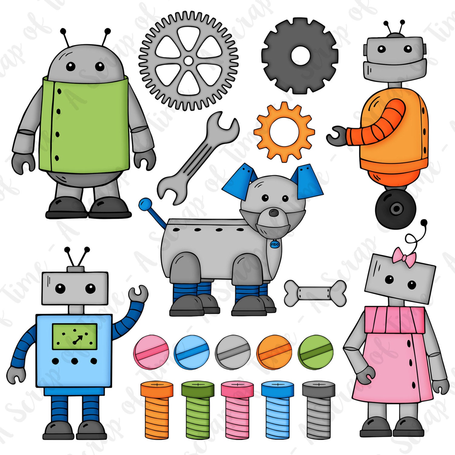 Robot Hand Drawn Digital Clipart Set of 20 Robots Robot