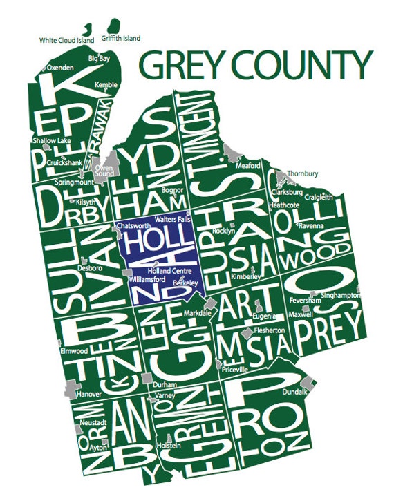 Typographic Map of Grey County Ontario by AllOverTheMapStudios
