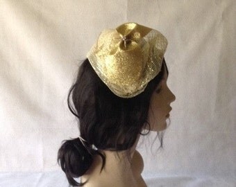 Gold Vintage Half Hat Gold Church Hat with Large Bow Gold