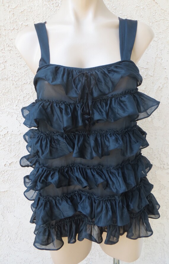 Vintage 1960's black nylon ruffle trim sleeveless babydoll