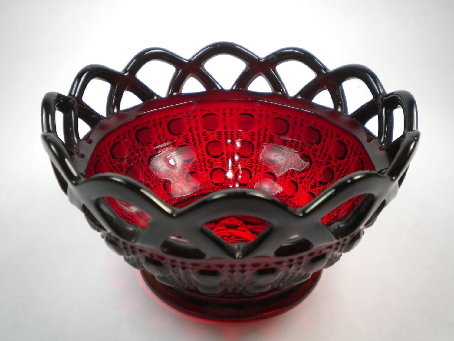 Vintage Ruby Red Imperial Glass Lace Edge Sugar Cane Basket Bowl 7455 ...
