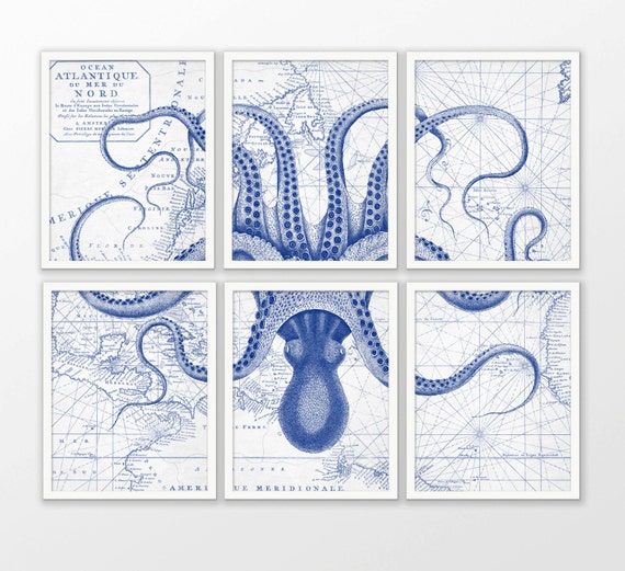 Blue Octopus Art Poster Set Of 6 Octopus Ink Drawing Art