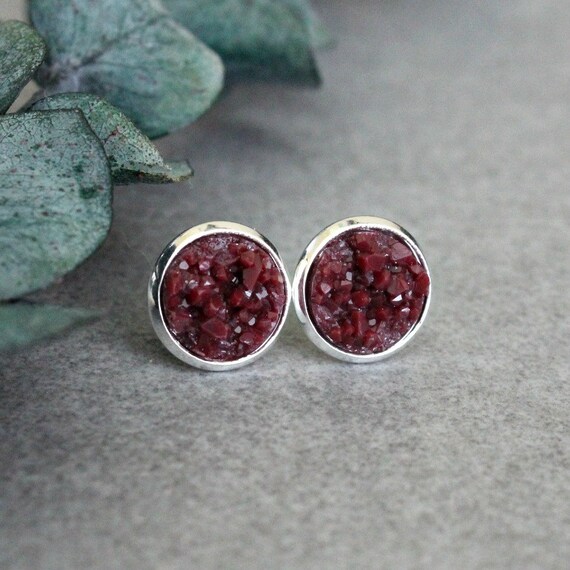 Maroon Stud Earrings Maroon Earrings Maroon Druzy Earrings