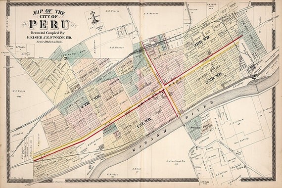 Map of Peru Miami Co. Indiana IN. 1877. Vintage
