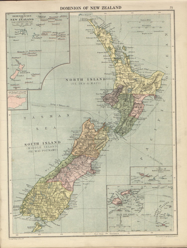 Vintage New Zealand Map Poster A4 by CharnwoodHandcrafts on Etsy