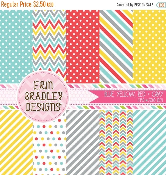 SALE Blue Yellow Red & Gray Digital Paper by ErinBradleyDesigns
