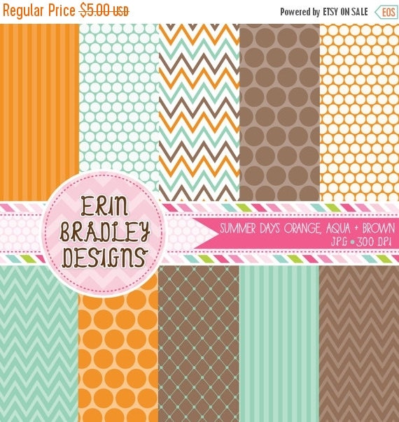 60% OFF SALE Aqua Blue Orange Brown Digital by ErinBradleyDesigns
