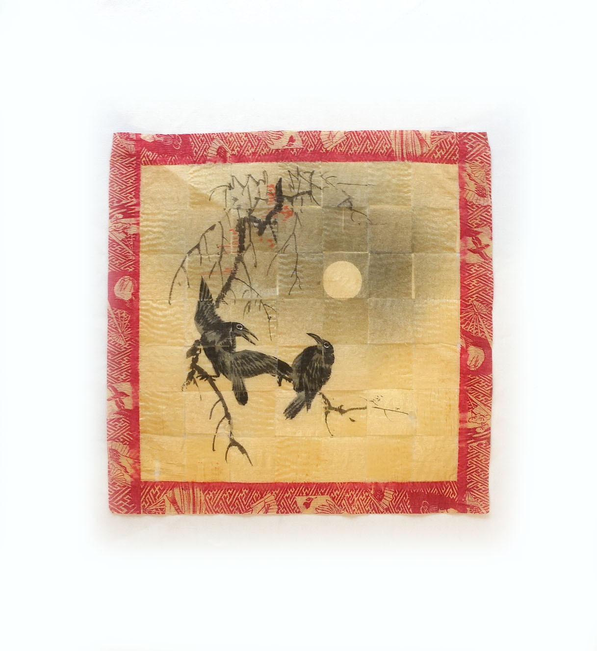 Antique hand painted woven Japanese rice paper ravens and full