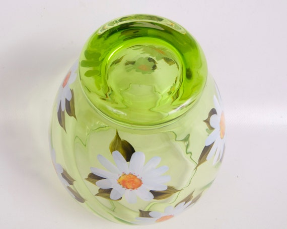 Vintage Daisy Vase Green Glass Hand Painted by LeVintageGalleria