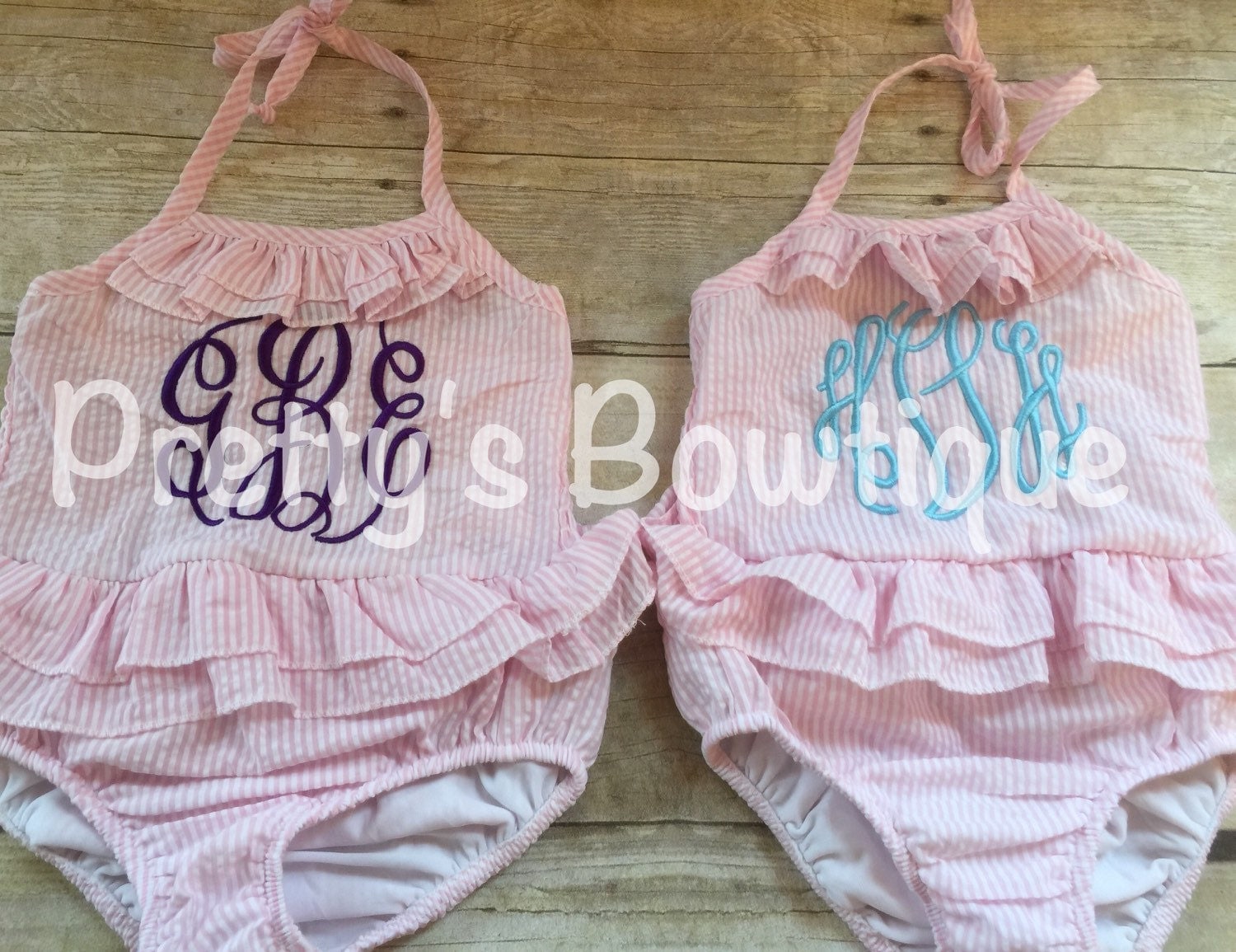 Girls Monogrammed Swimsuit Seersucker Swimsuit Ruffled
