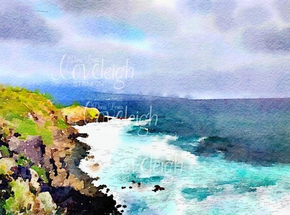 Watercolor Ocean Cliffs Art Digital Photo