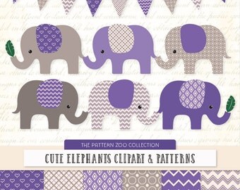 Purple and Grey Baby Shower Elephants Clipart Digital