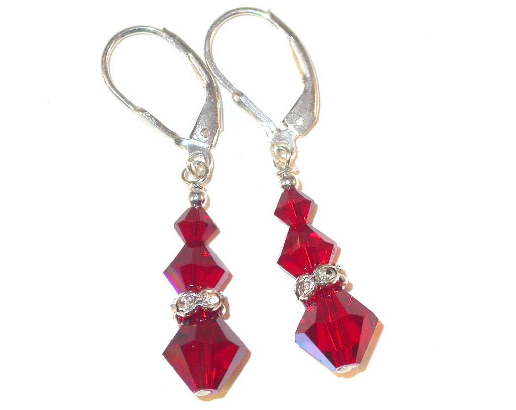 SIAM RED Crystal Earrings Sterling Silver Dangle Swarovski
