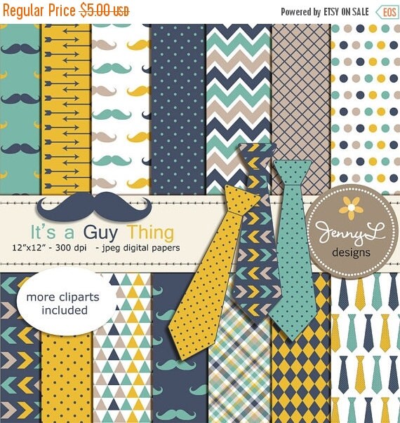 SALE Mustache and Necktie Digital Papers and clipart, Father's Day ...