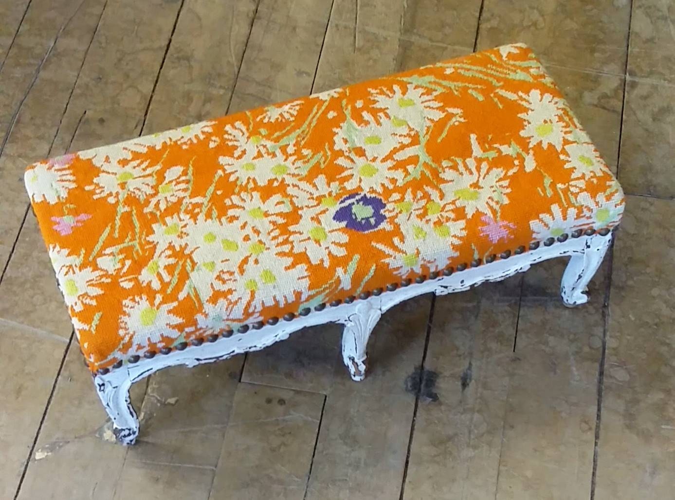 Pretty Hand Carved Wooden Stool With White Wash Paint and a Needlepoint ...