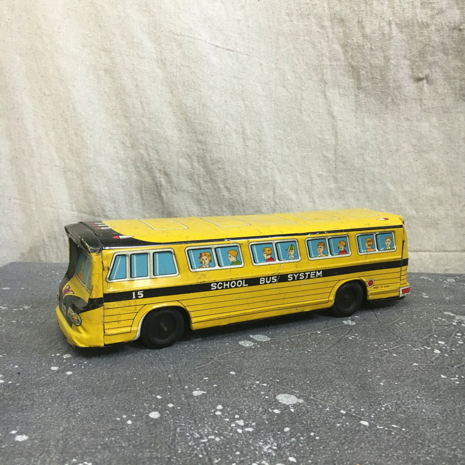 School Bus Toy Metal Vintage Friction Car Yellow Litho Vehicle