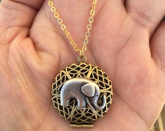 Vintage Elephant Locket Long Necklace Gold Elephant Red