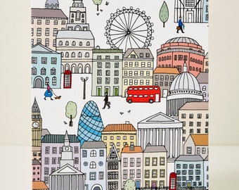 London Town Houses Ink watercolour and collage illustration