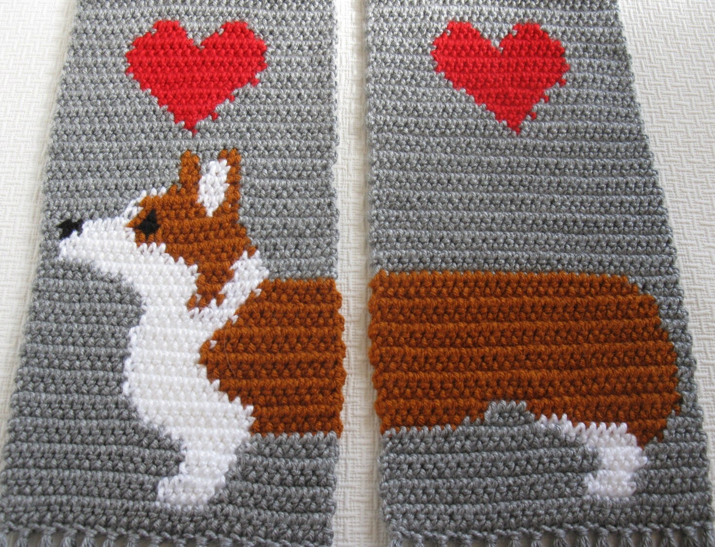 Corgi Scarf. Gray knit and crochet scarf with Welsh corgi