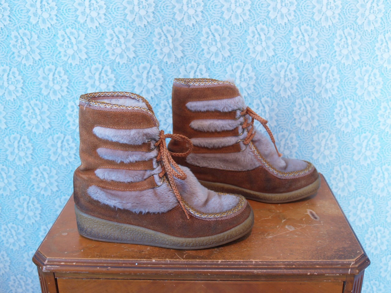 1970s Vintage Furry Faux Shearling Lace-Up Wedges Ankle Boots Winter ...