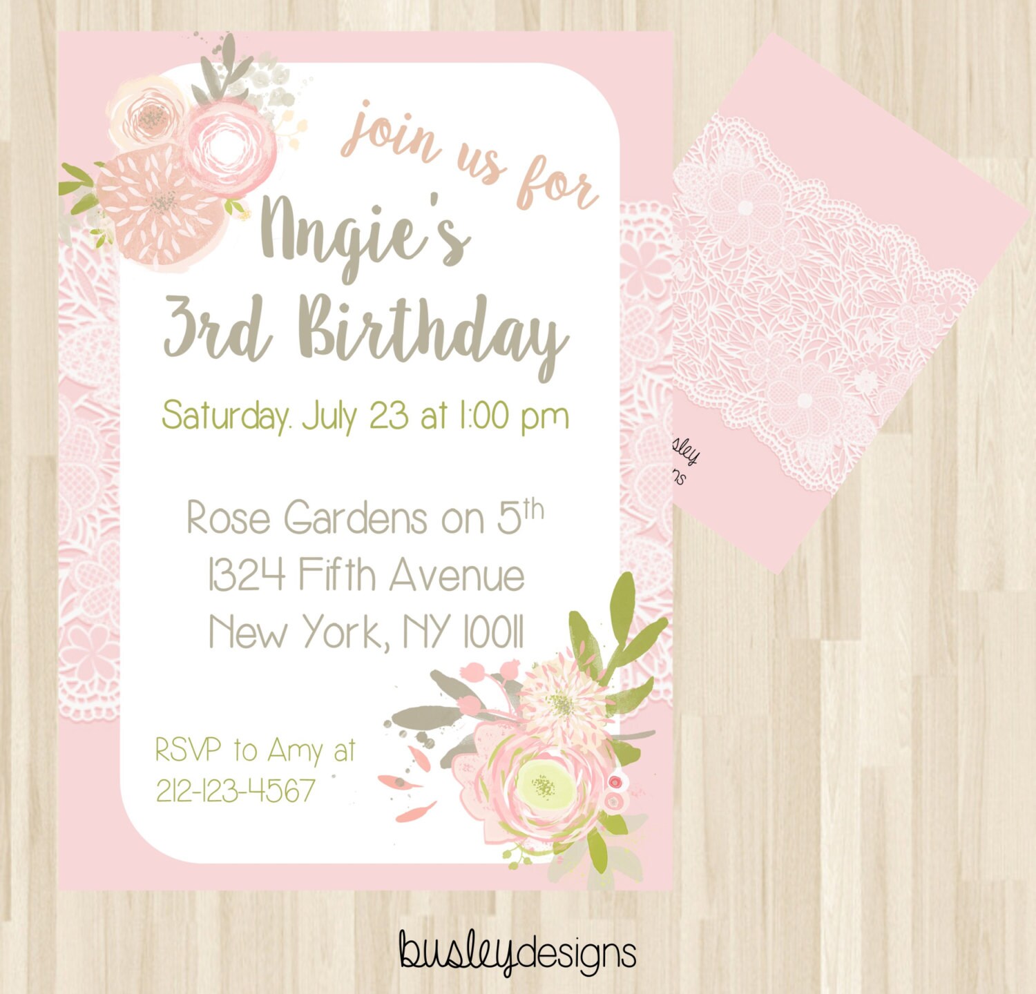 Pink Lace Invitation Pink Flower Invitation Pink Birthday