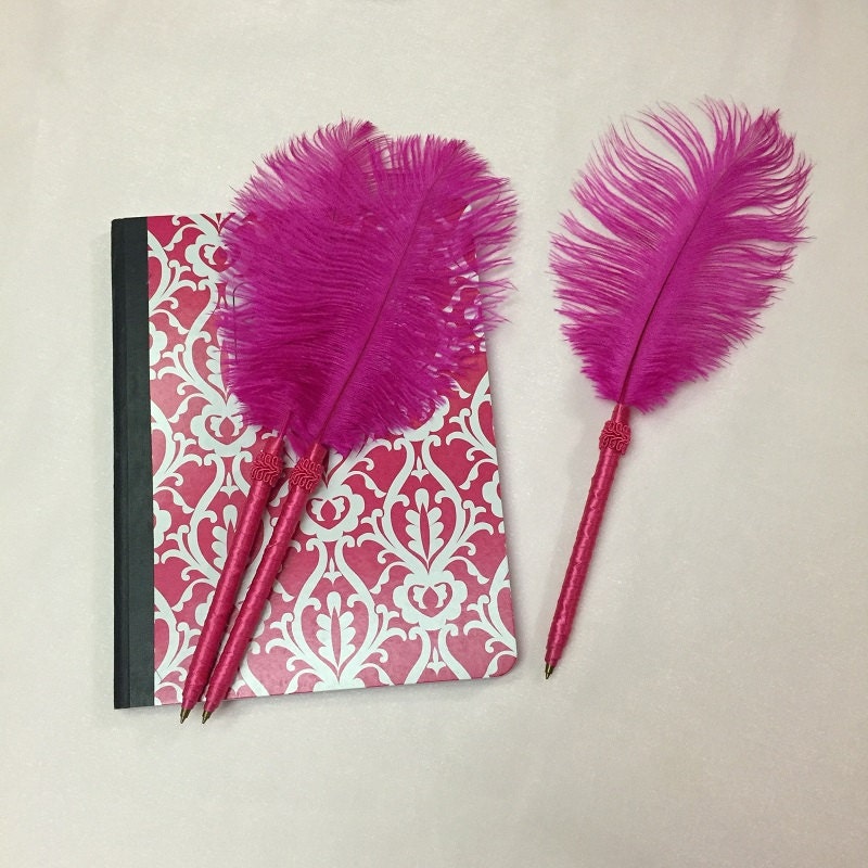 Hot Pink Feather Pens Ballpoint Quill PENS Home/Office Decor