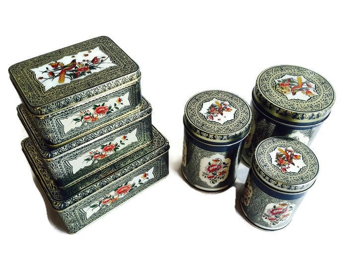 Mid Century Tea Canister Tin Collection Embellished Asian Chinoiserie ...