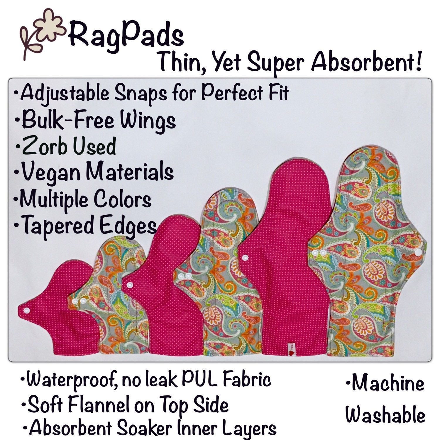 Cloth Menstrual Pads 6 Sizes 14 Colors Pantiliner by RagPads