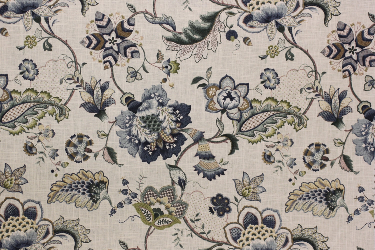Fabric Jacobean Floral Blue by country curtains Linen