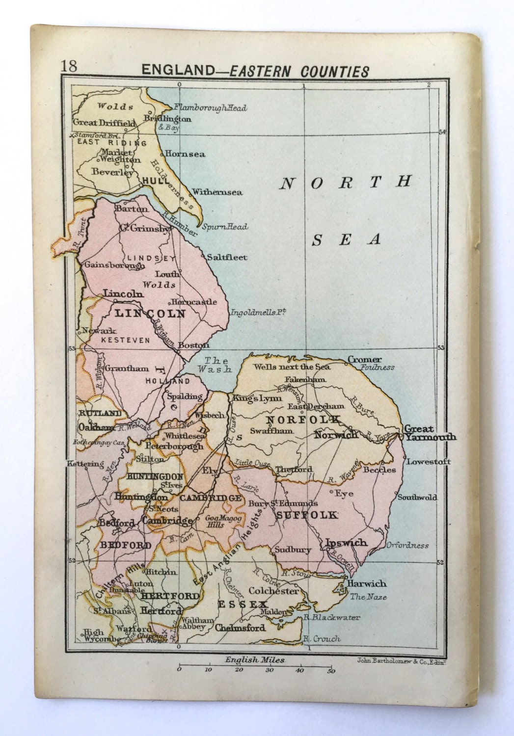 Vintage map of East Anglia / Eastern Counties UK genuine
