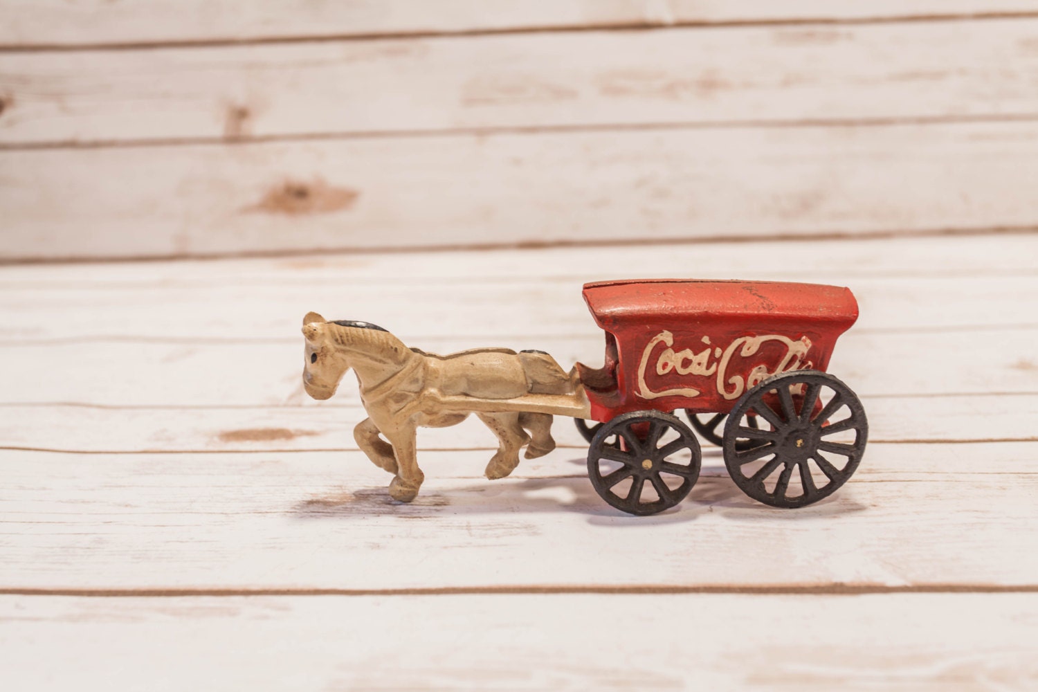 Vintage Cast Iron Coca Cola Wagon Horse Drawn Wagon Red White