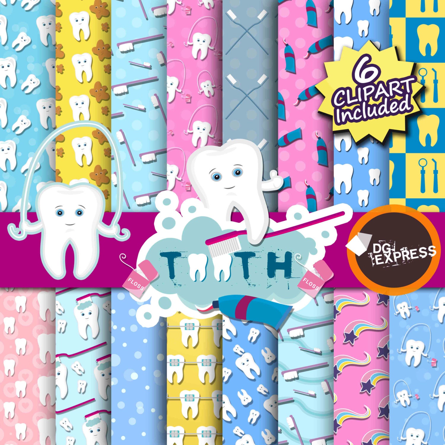 SALE Tooth Digital Paper Tooth Scrapbook Tooth Clipart