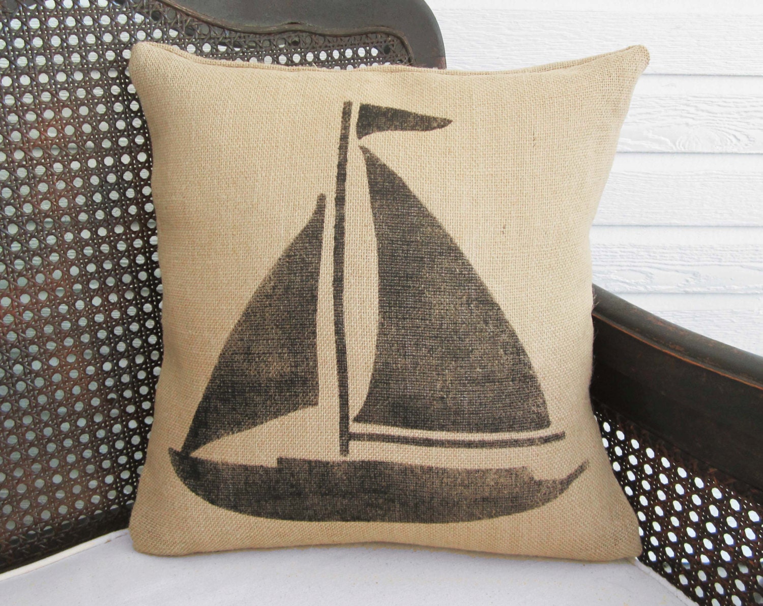Sail Away Sailboat Burlap Pillow Nautical Pillow