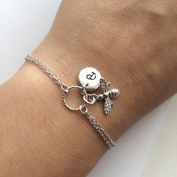 Personalized Bee Bracelet in Sterling Silver Adjustable