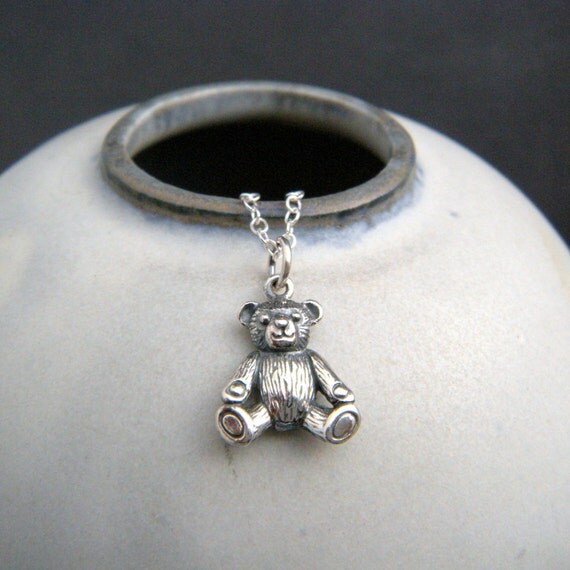 sterling silver teddy bear necklace. toy charm. story