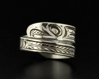 Native Wolf and Nordic Dragon 14k Gold Ring with Two Diamond