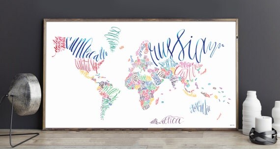 WORLD MAP calligraphy map art colorful typography continents