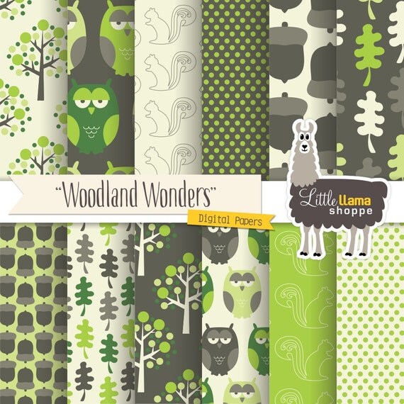 Woodland Forest Digital Papers Scrapbook Papers Owl Acorn