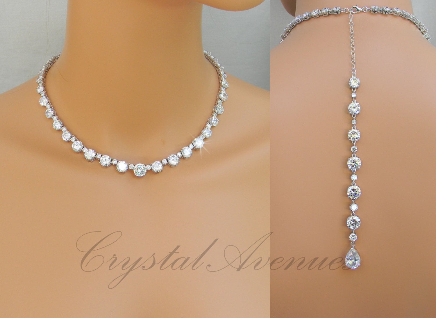 Backdrop Bridal Necklace Crystal Wedding necklace Dainty