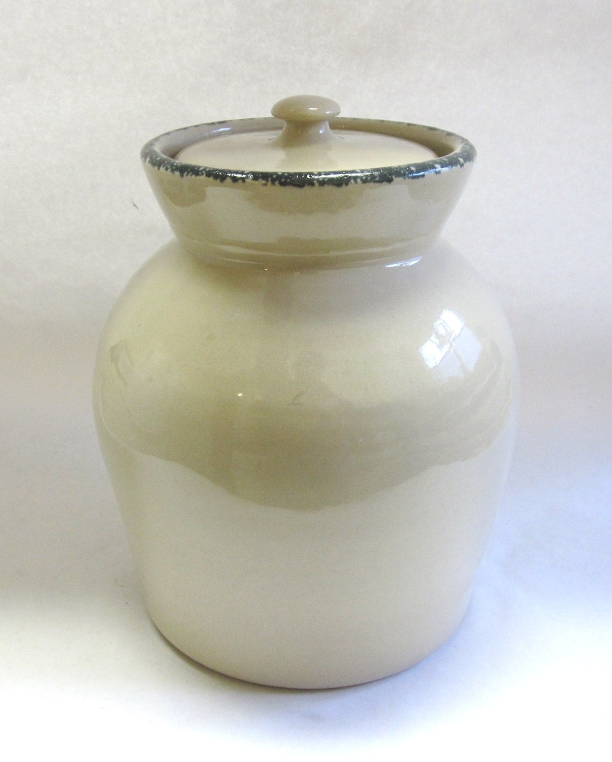 Large Stoneware Crock With Lid Spongeware Trim