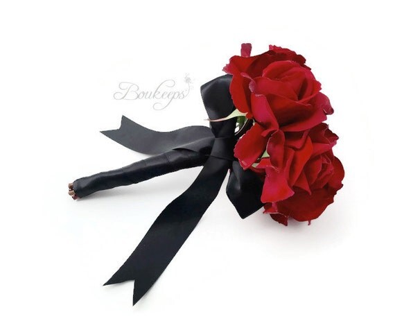 CHOOSE RIBBON COLOR Real Touch Red Rose Bouquet Red by Boukeeps