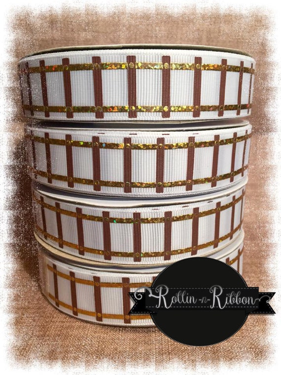 All Aboard Tracks 7/8 on White Grosgrain Ribbon With