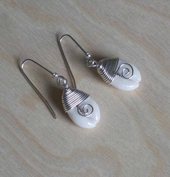 Wire Wrapped Cowrie Shell Earrings Beach Cowrie Shell