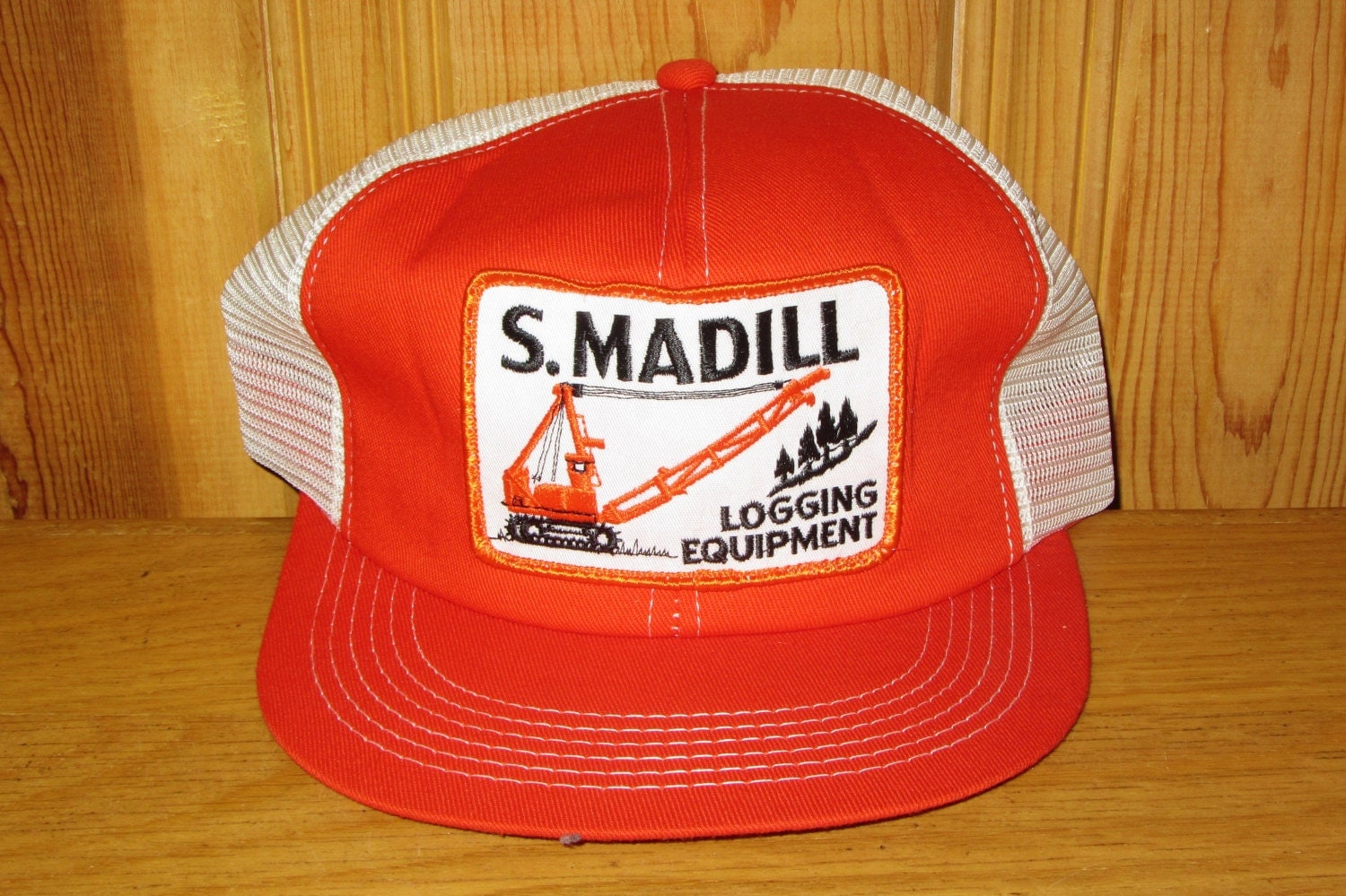 S. MADILL Logging Equipment Vintage 80s White Mesh Orange Trucker ...